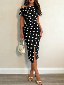 ChicMe Women's Polka Dot Print Ruched Bodycon Midi Dress, Elegant Wrap ...