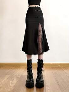 Elegant Solid Color Lace Patchwork High Slit Skirt, Elastic Waist ...