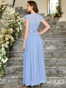 MIUSOL Floral Lace Cap Sleeve Chiffon Ribbon Waist Formal Party Maxi ...