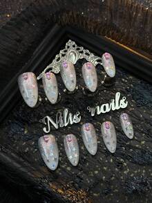 10pcs Handmade Full Coverage Almond Shaped Press-On Nails, White Nails ...