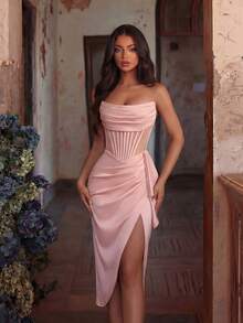 ADYCE Elegant Strapless Pleated Mesh Patchwork Fishtail High Waist ...