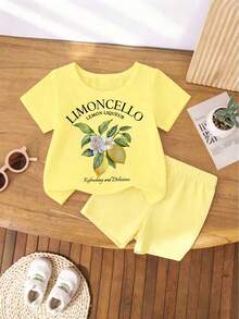 Young Girl Letter & Lemon Print Round Neck Short Sleeve T-Shirt And ...