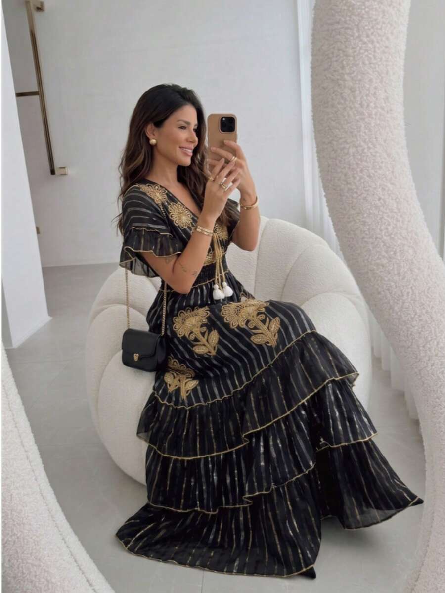 MIA BRAZIL Vestido Longo de Festa Boho com Babados e Detalhes em Ouro ...