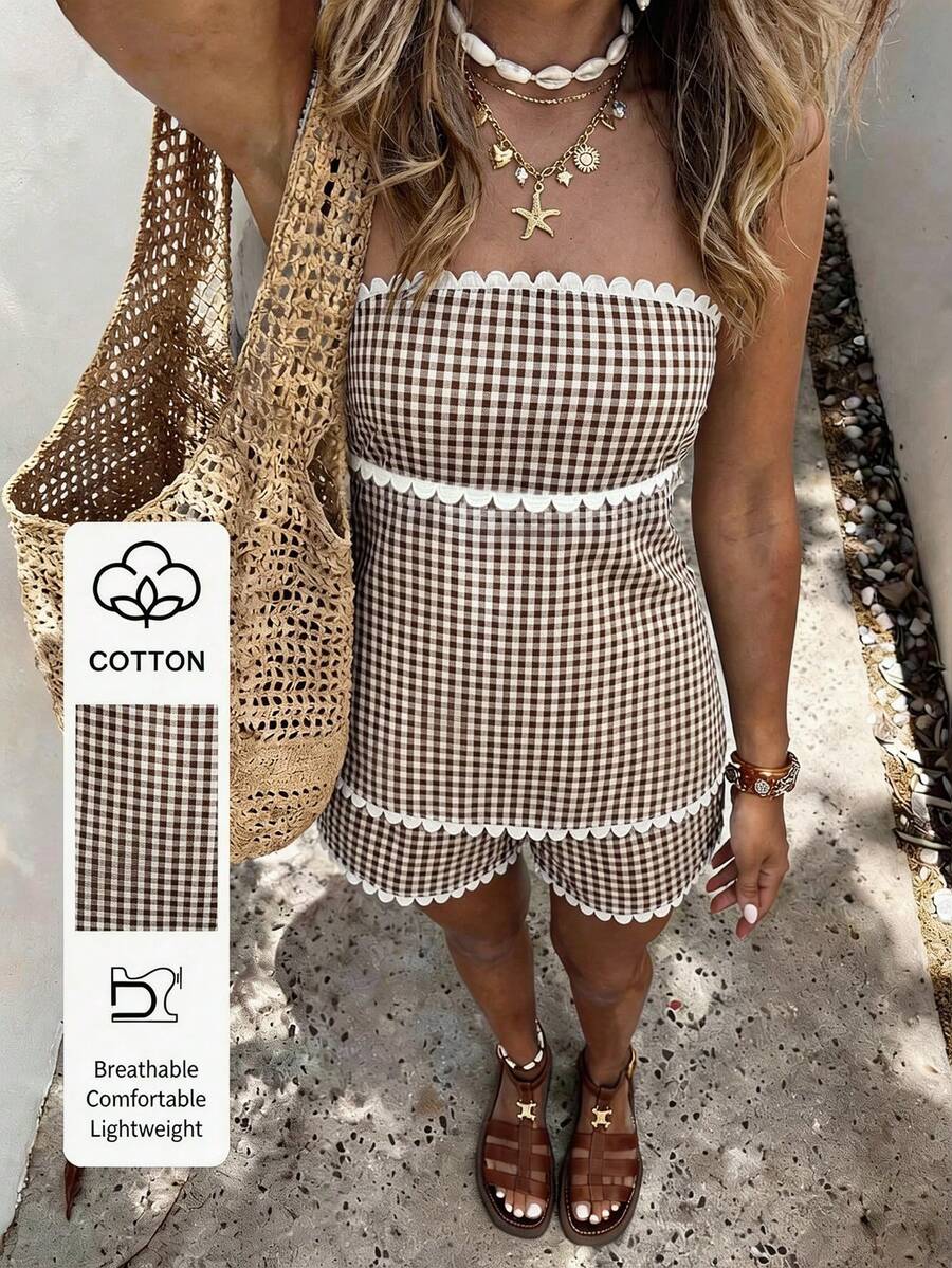 PoPoHouse Women's Cotton Lace Trim Plaid 2-Piece Set, Sexy Strapless ...