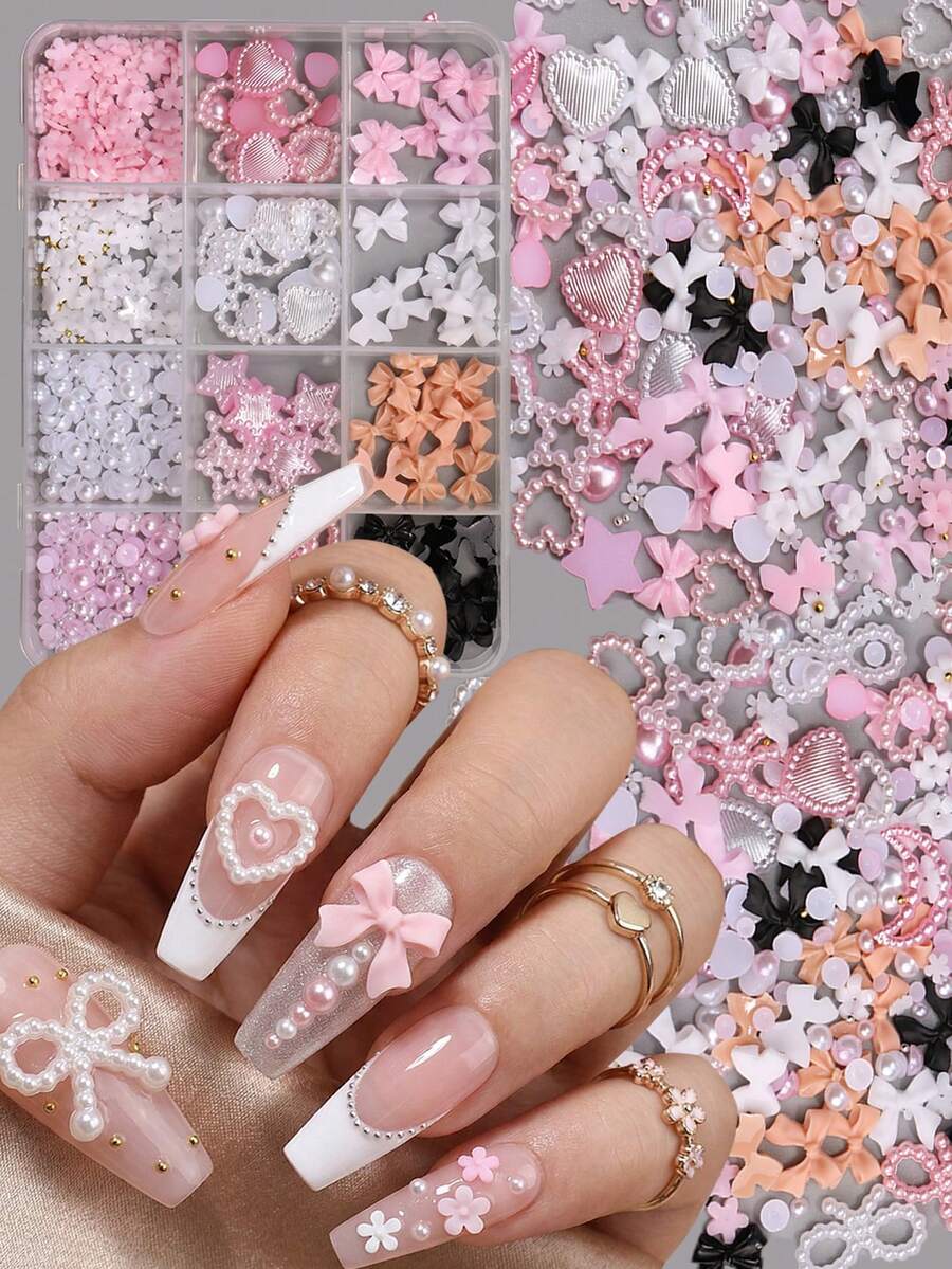 12-Compartment Pink Nail Art Decoration Set, 3D Bow, Heart, Flower ...