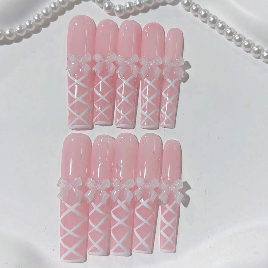 Long Ballet French Bow Press On Nails 10 Pieces Handmade Detachable ...