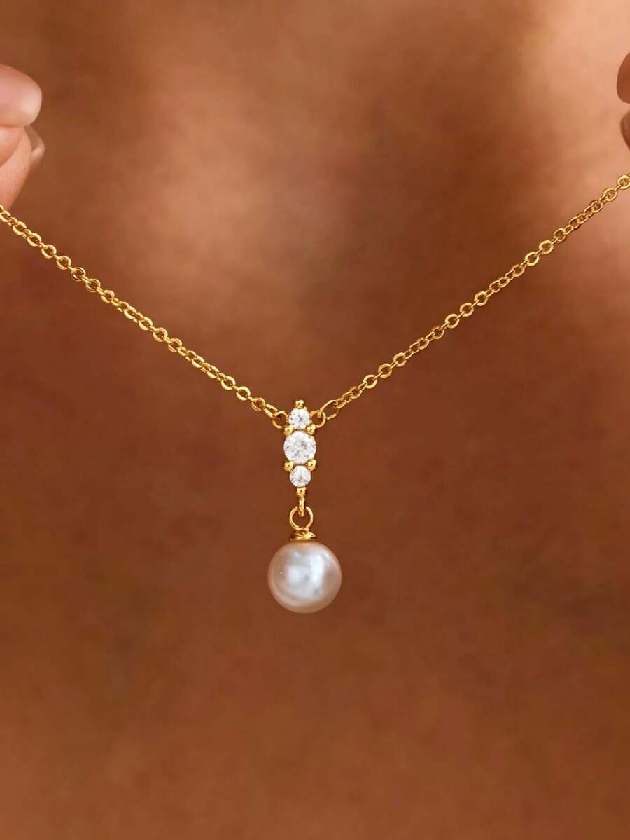 14K Gold-Plated Eye-Shaped Zirconia Pearl Necklace, Elegant And ...