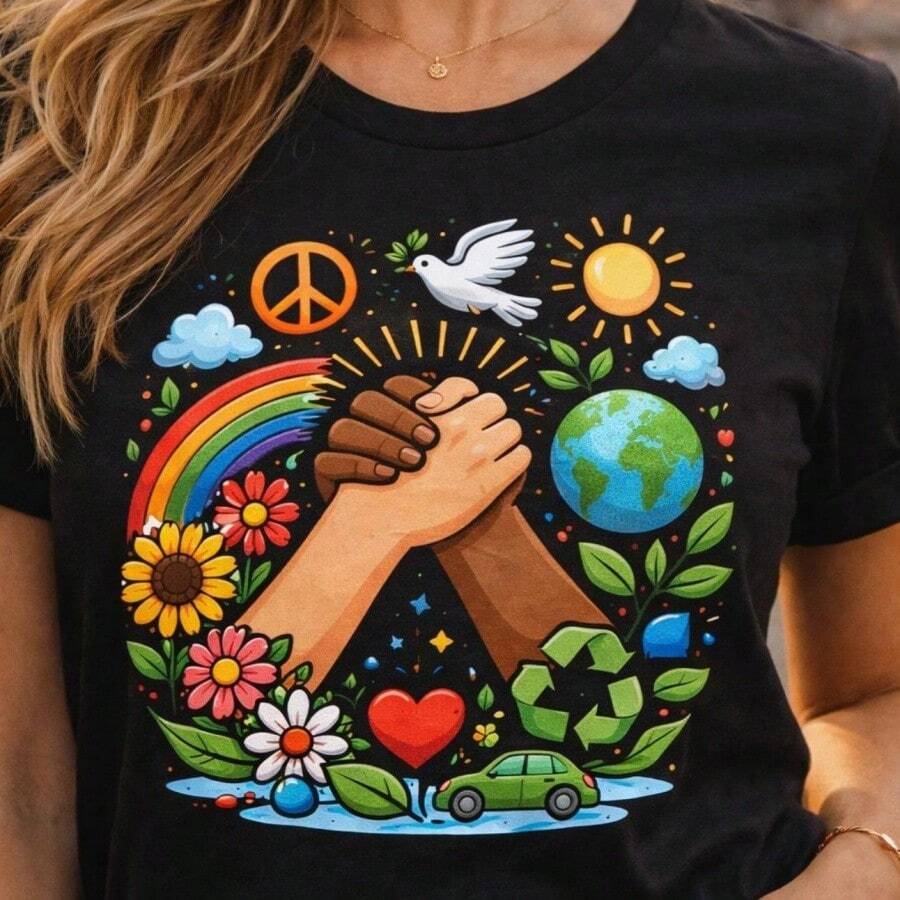 T-Shirt Featuring Hands Clasped In Peace And The Earth Icons Of Unity ...