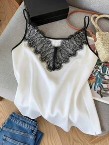 JTI Women's V-Neck Lace Trim Sleeveless Blouse, Elegant For Evening ...