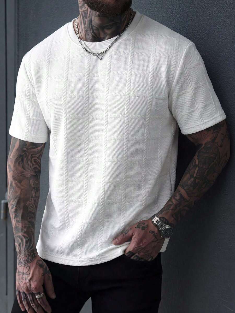 Men's Solid White Textured Knit Crew Neck Short Sleeve Casual Top for ...