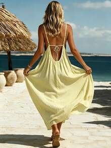 Women's Solid Color Casual Woven Fabric Backless Tie-Up Dress, Beach ...
