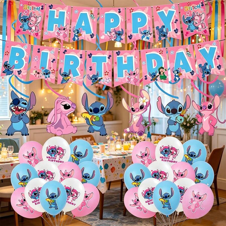 Stitch Latex Balloon Set, Happy Birthday Paper Banner, Girls Birthday ...