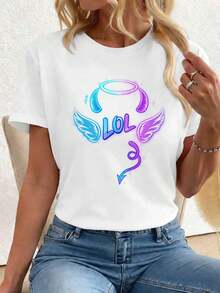 Women's Angel and Devil Print T-Shirt, 100% Cotton, Loose Fit ...
