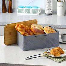 LIVINGANDHOME Grey Metal Bread Box With Bamboo Lid, Premium Galvanized ...