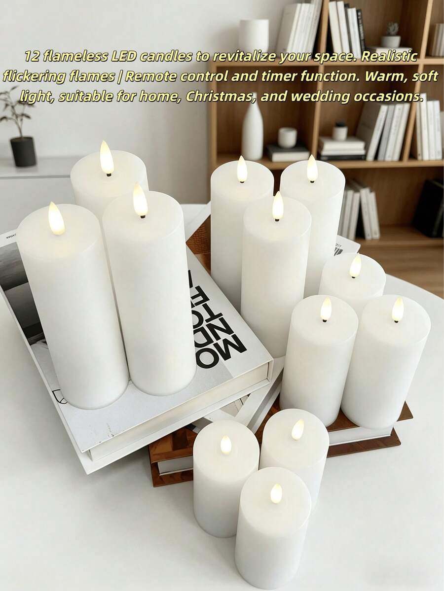 12pcs Flameless LED Pillar Candle Set With Remote Control, Battery ...