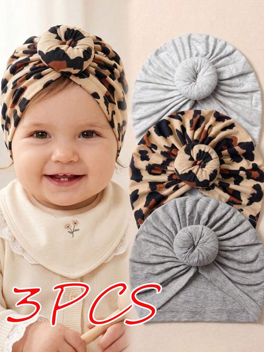 3pcs Newborn Leopard Print Turban Hats, Soft & Skin-Friendly Baby ...