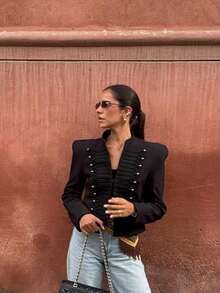 Women's Military-Style Blazer Jacket With Woven Trim Details And Puff ...