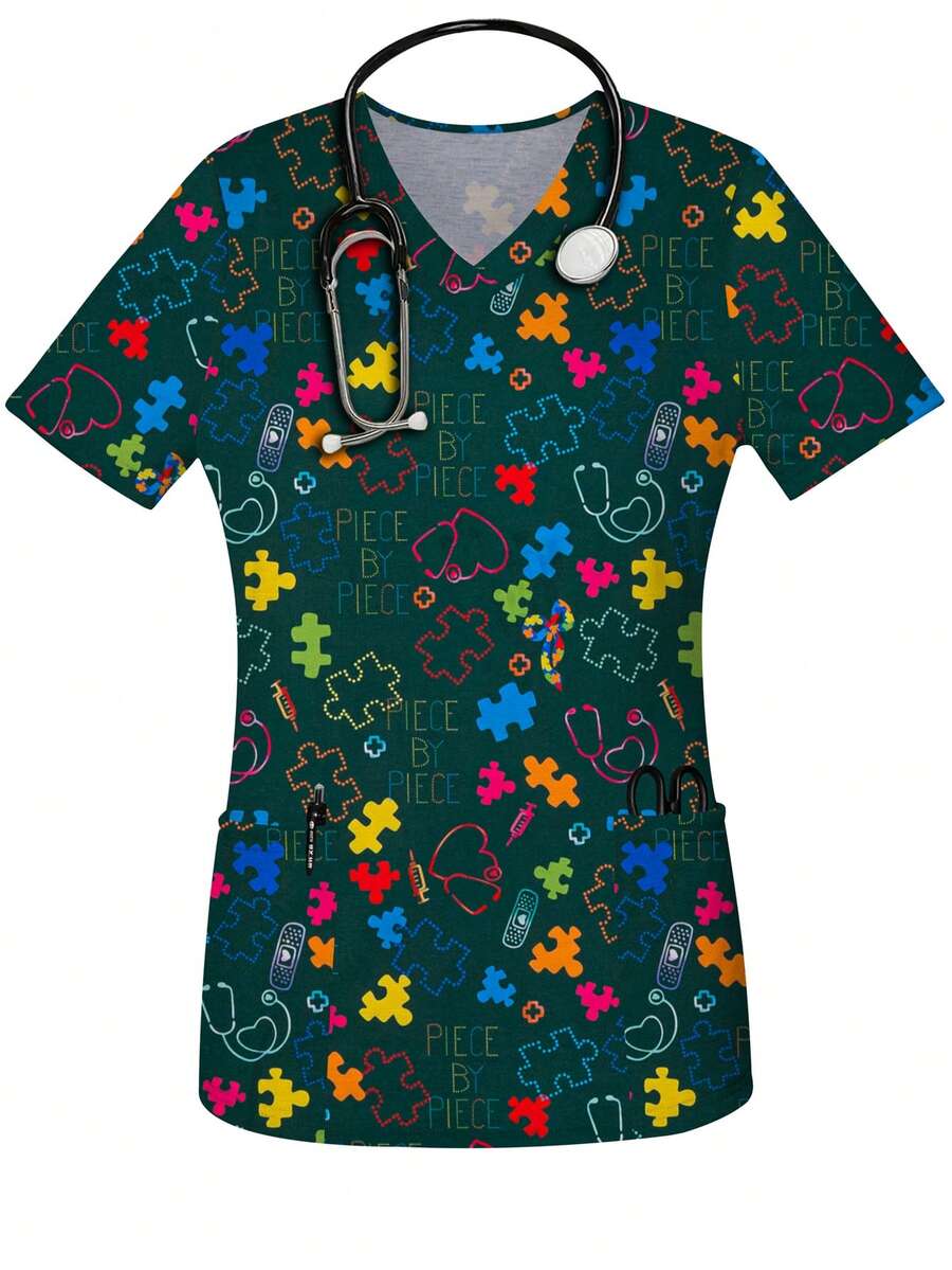 Women's Heart Puzzle Print V-Neck Short Sleeve Nurse Uniform Top With ...