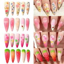 96pcs Mixed Press On Nails, 3D Strawberry & Floral Long Almond Fake ...