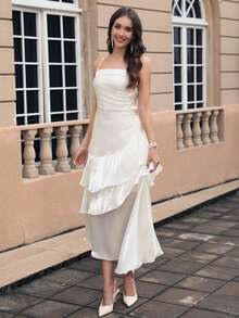 Satin Camisole Waist Cake Dress, Formal Evening Gown For Wedding, Party ...