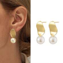 1 Pair Minimalist Chic Faux Pearl Drop Earrings, Irregular Gold Tone ...