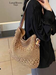 Viral Wide Strap Straw Tote Bag, Large Capacity Nautical Woven Shoulder ...