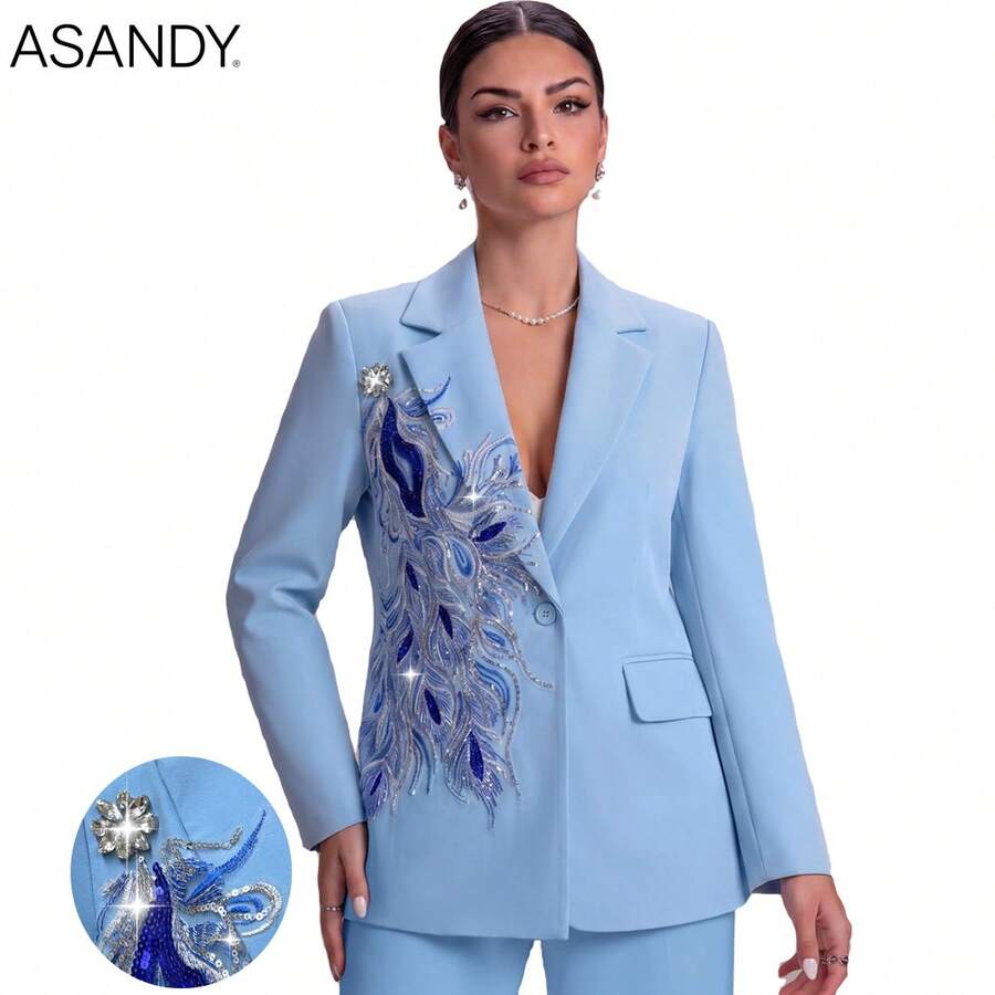 ASANDY Elegant Embroidered Blazer Jacket For Women, Sequin & Rhinestone ...