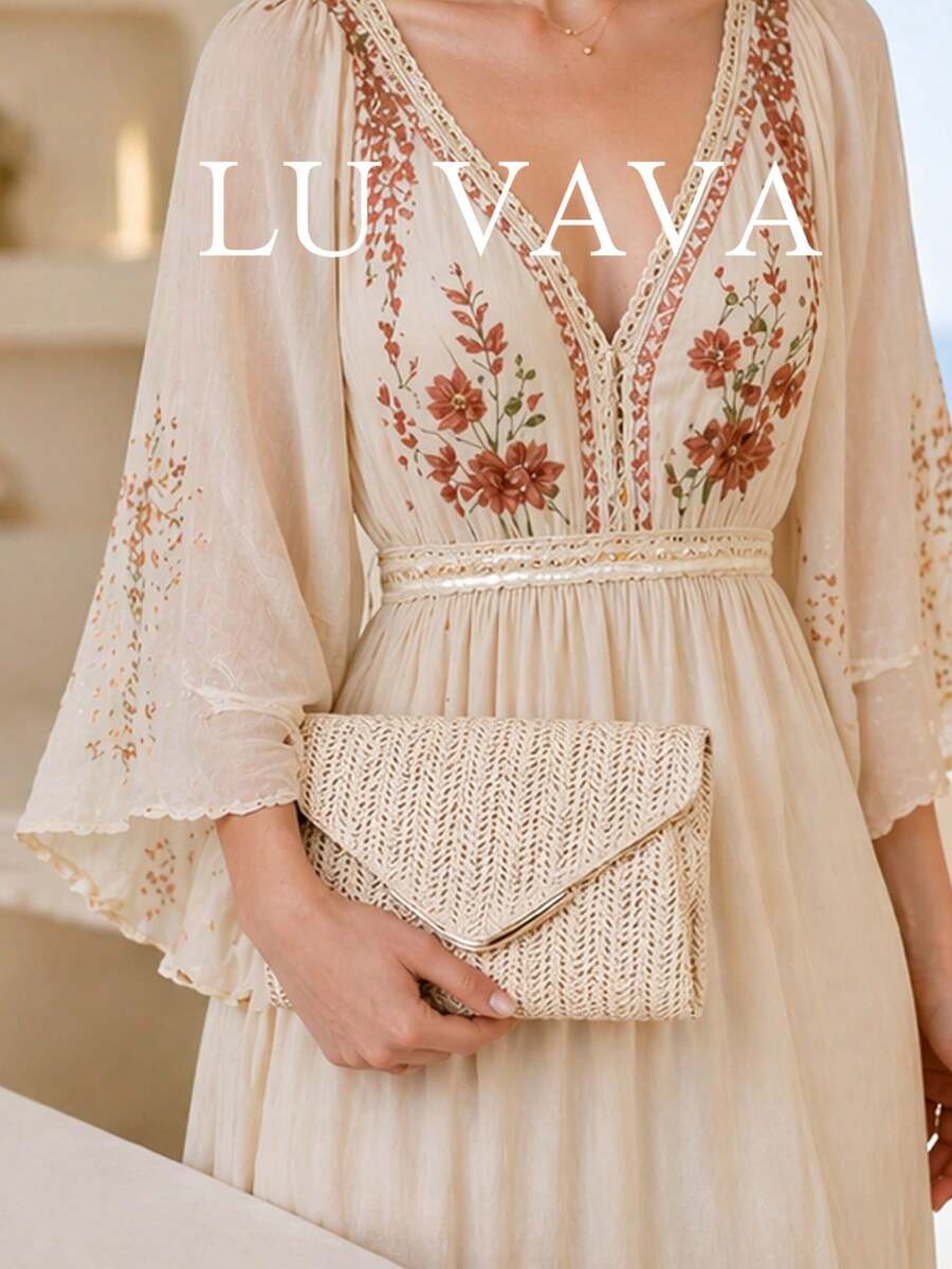 LU VAVA Woven Beach Evening Clutch With Gold Spiral Chain, Resort Party ...