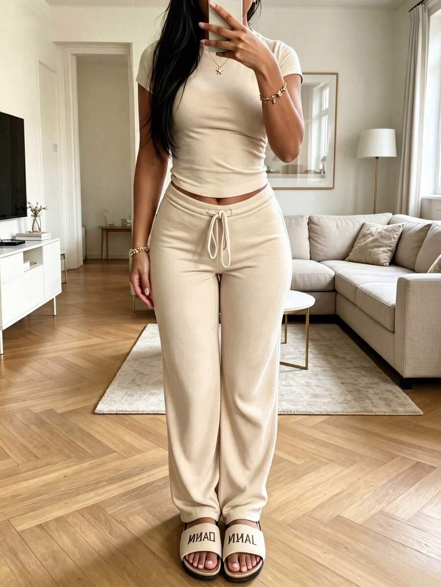 2pcs/Set Women's Round Neck Short Sleeve T-Shirt And Elastic Waist ...
