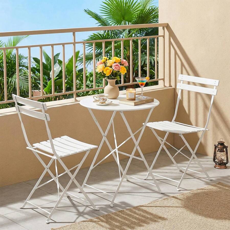 Folding Bistro Set 3 Piece Metal Garden Table And Chairs Weather ...