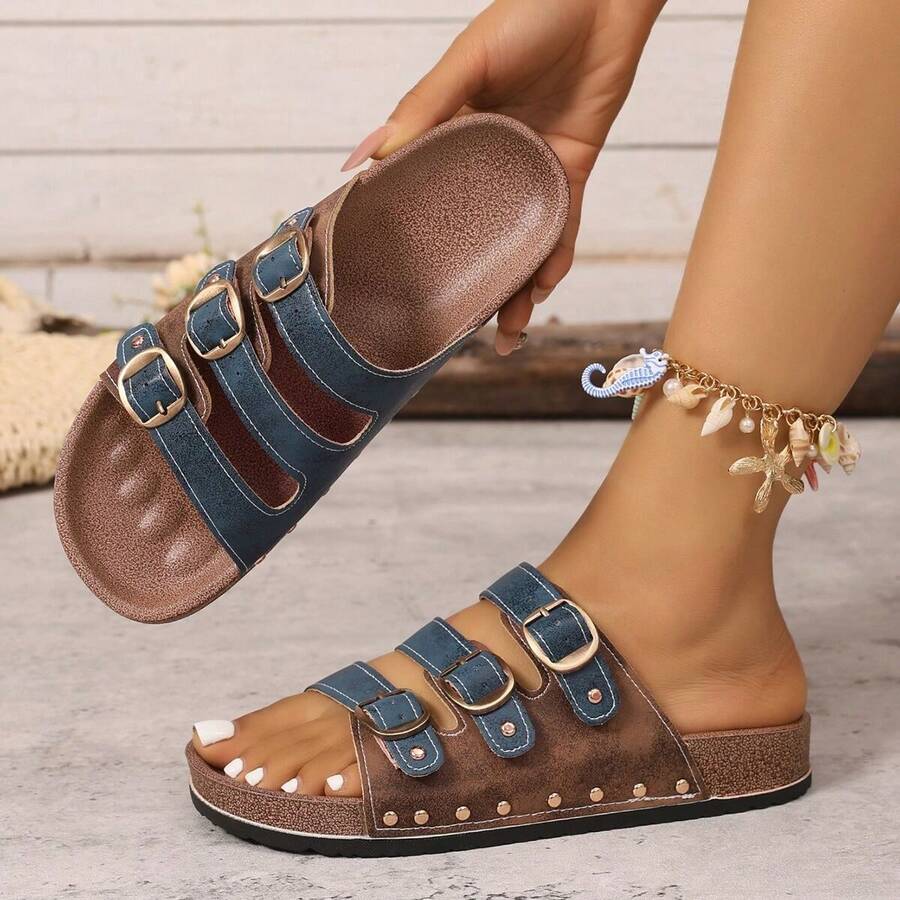 Women's Flat Sandals, Multi-Strap Decor With Rivets, Soft Sole And ...