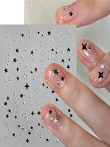 1 Cartela de Adesivos de Unha com Estrelas Pretas e Prateadas, Adesivos ...