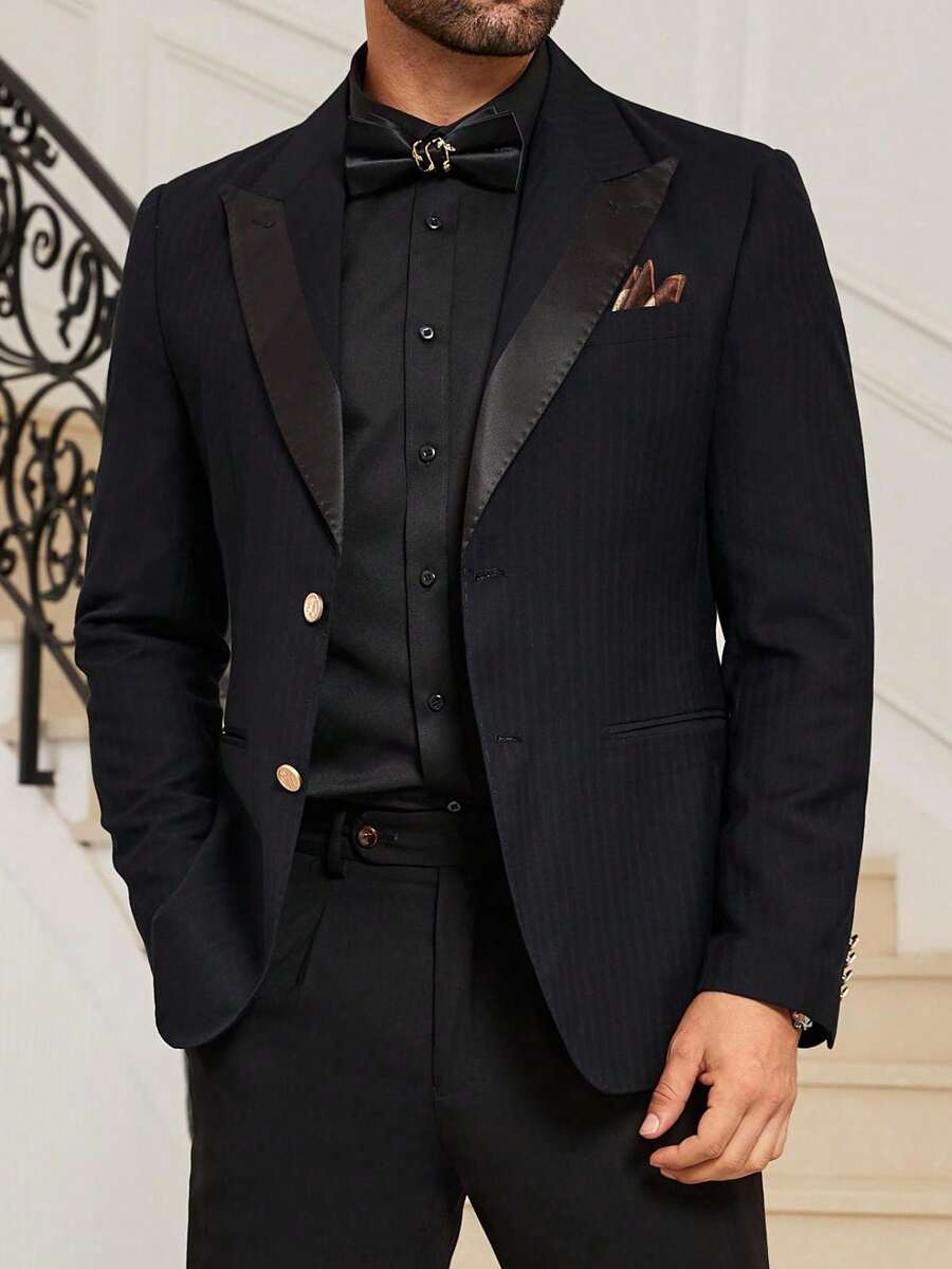 Men's Black Striped Pointed Collar Suit Jacket, 1 Piece Formal Blazer ...