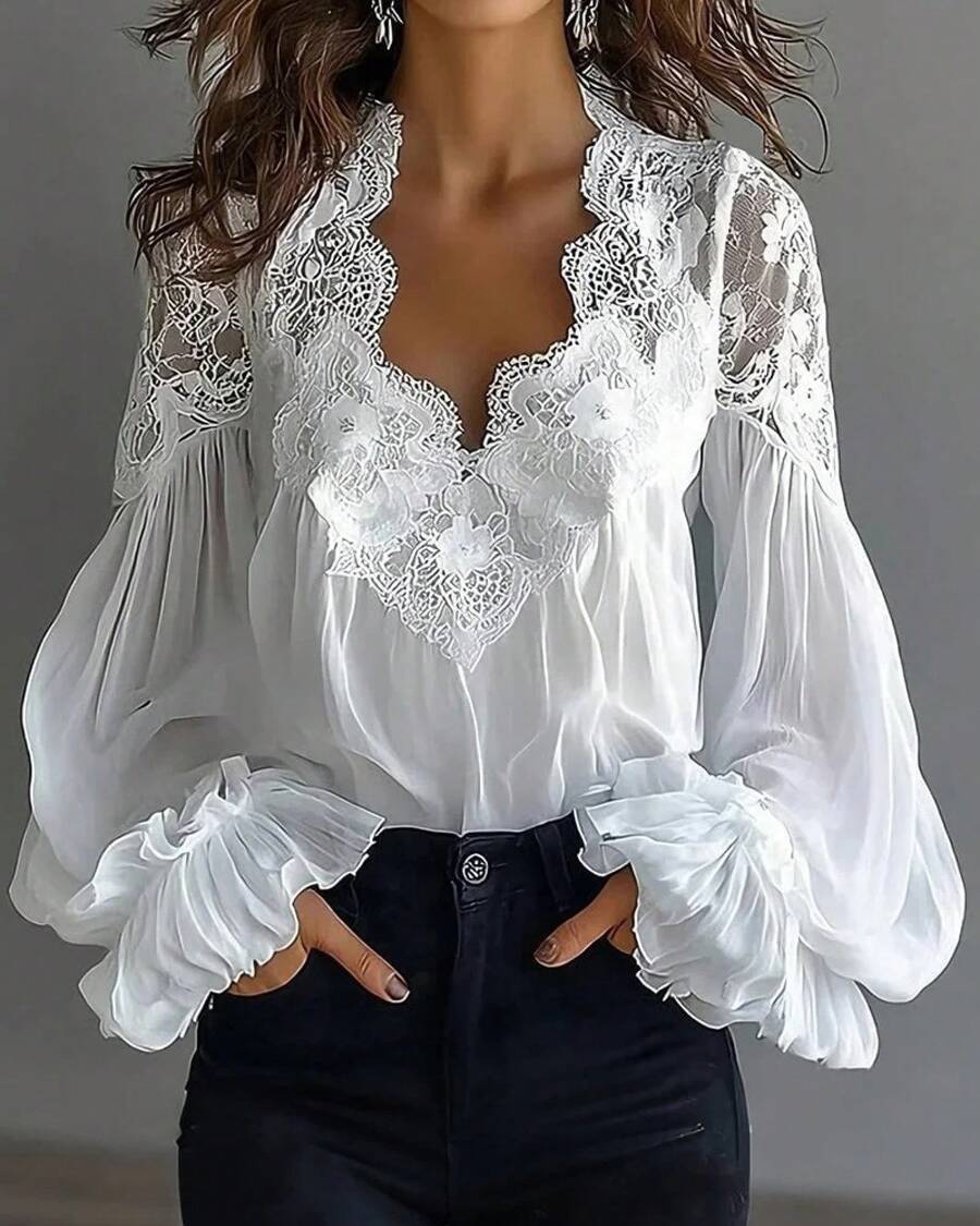 Women's Lace Trim Blouse, Sheer Chiffon Sleeve Ruffle Cuff Top | SHEIN USA