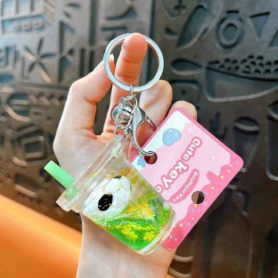 Creative Oil Football Milk Tea Cup Keychain Cute Liquid Quicksand ...