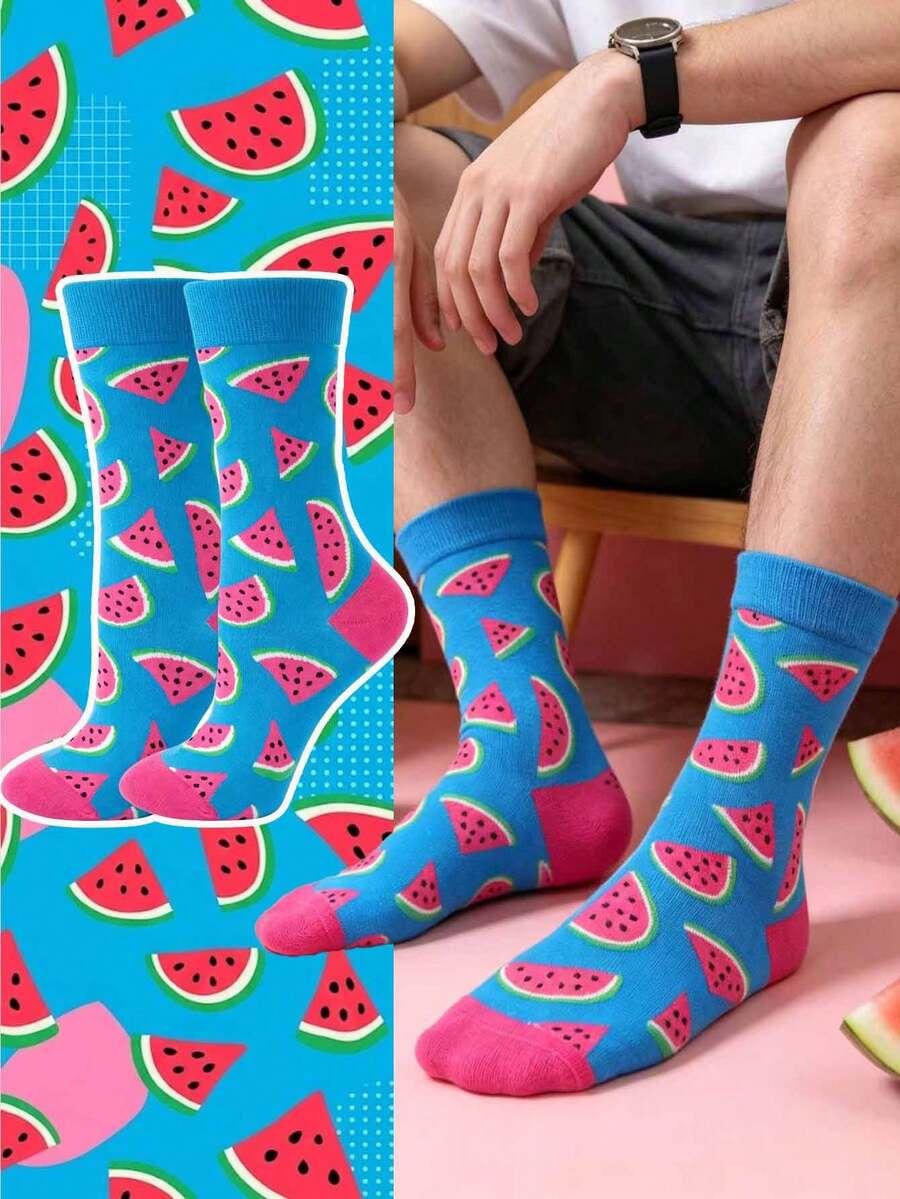 1 Pair Cartoon Watermelon Jacquard Mid-Calf Socks, Cute Personalized ...