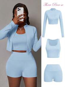 Women 3-Piece Set: Elastic Half-Zip Stand Collar Fitted Long Sleeve T ...