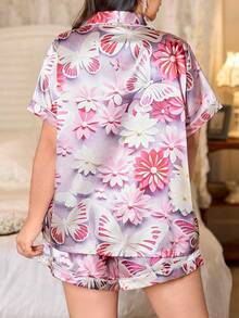 Plus Size Gentle Floral Print Lapel Shorts Pajama Set | SHEIN USA