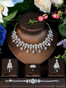 1 Set Silver Tone Cubic Zirconia Halo Oval Fringe Bib Necklace Jewelry ...