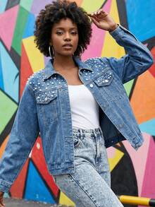Women Pearl Beaded Denim Jacket Casual Lapel Long Sleeve Button Down ...