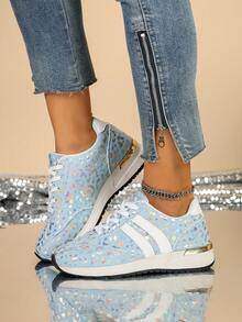 Plus Size Women's Laser Holographic Leopard Print Sneakers, Soft Sole ...
