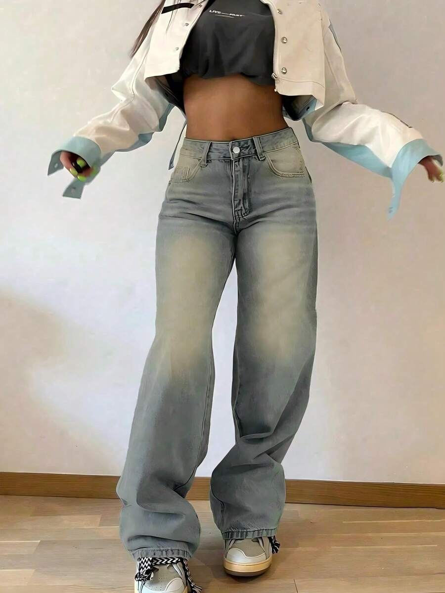 High-Waisted Casual Straight-Leg Long Pants For Women Made Of Denim ...