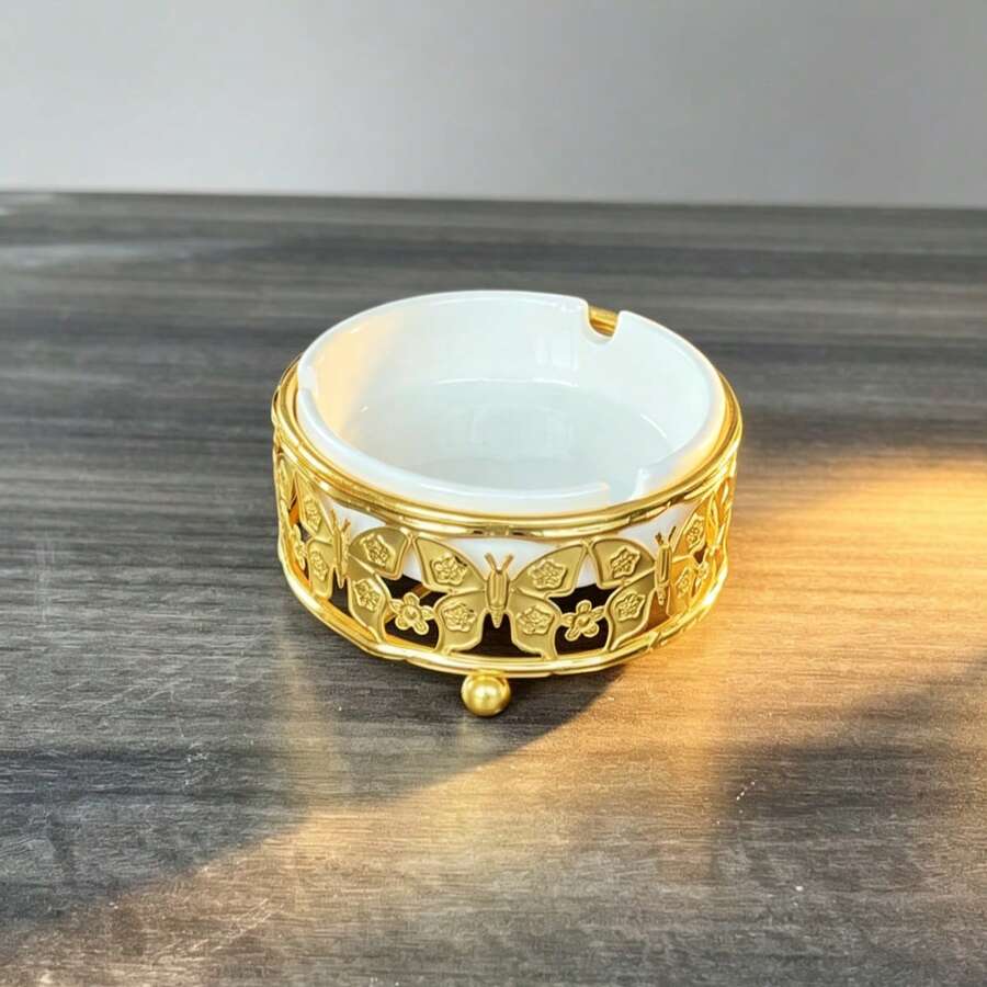 Luxury Round White Ceramic Ashtray With Gold Cutout Butterfly Metal ...