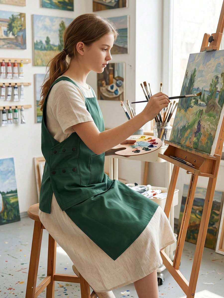 1pc Waterproof & Oil-Resistant Art Studio Apron With Pockets ...