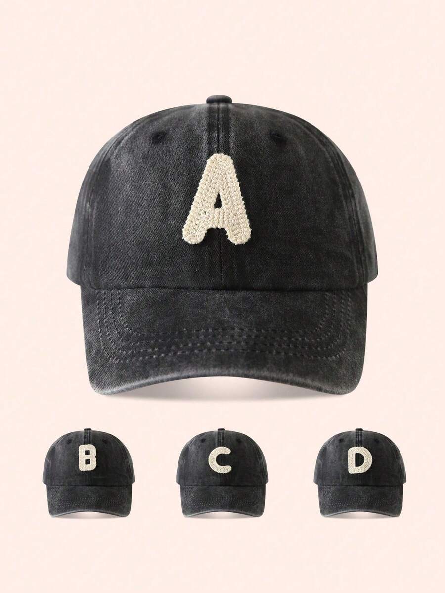 1pc Black Baseball Cap With 26 Letters, Washed Baseball Hat For Kids ...