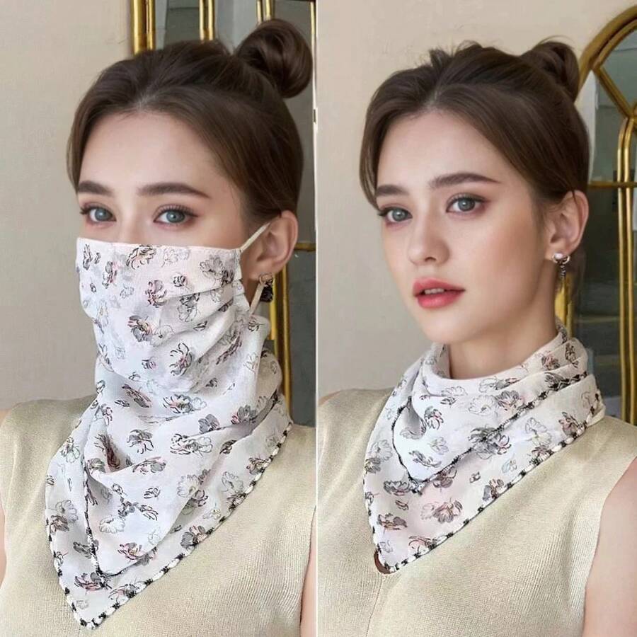 Womens Sun Protection Floral Scarf, Adjustable Protection Face Chiffon ...