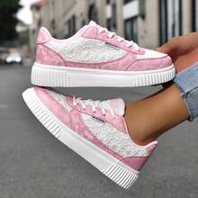 Thick Sole Skateboard Shoes For Women, Pink Lace-Up Mesh Casual ...