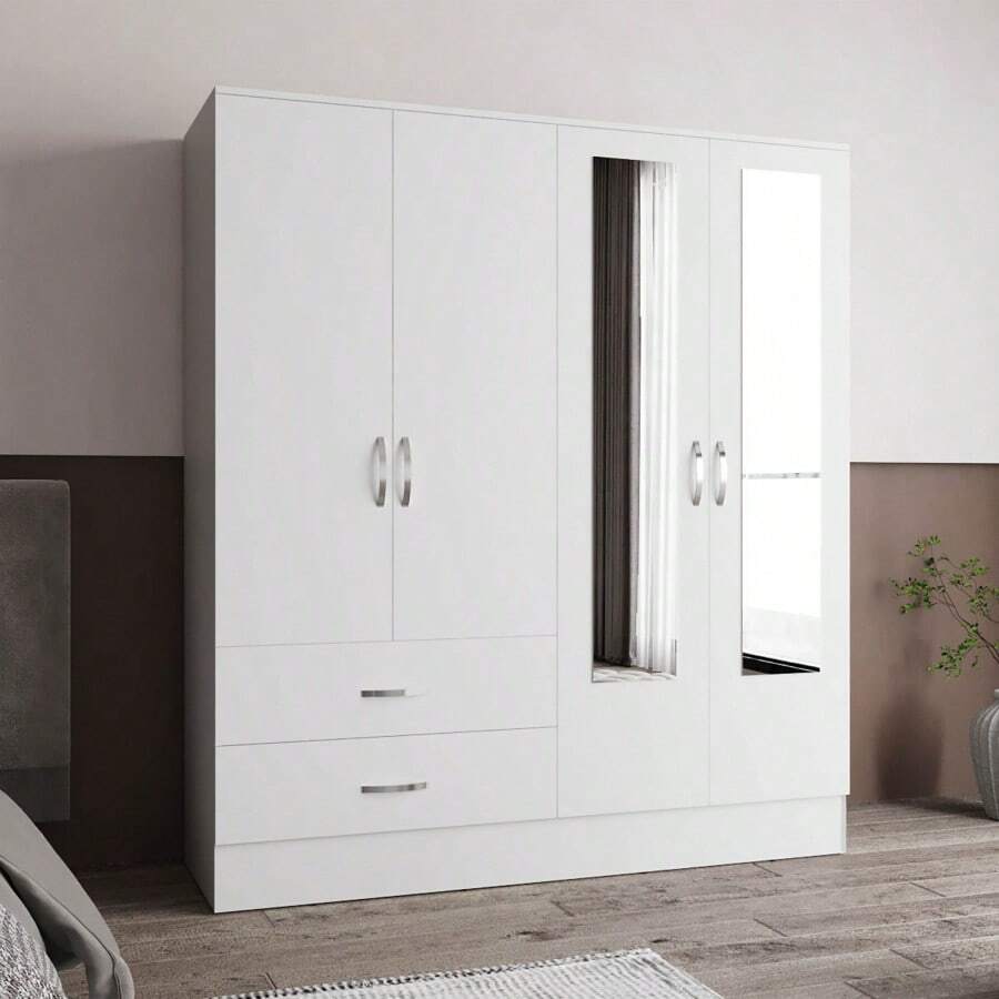 Gangi 160 Armoire 4-Door Wardrobe Two Mirrors Metal Hardware Two ...