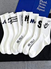 3 Pairs Unisex Random Letter & Symbol Pattern Mid-Calf Socks, Made Of ...