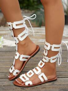 White Lace-Up Roman Sandals, Women's Flat Open Toe High Top Summer ...